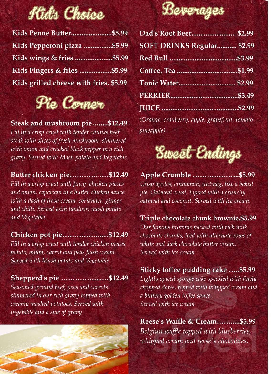 The Pearson Pub menu in Whitby, Ontario, Canada
