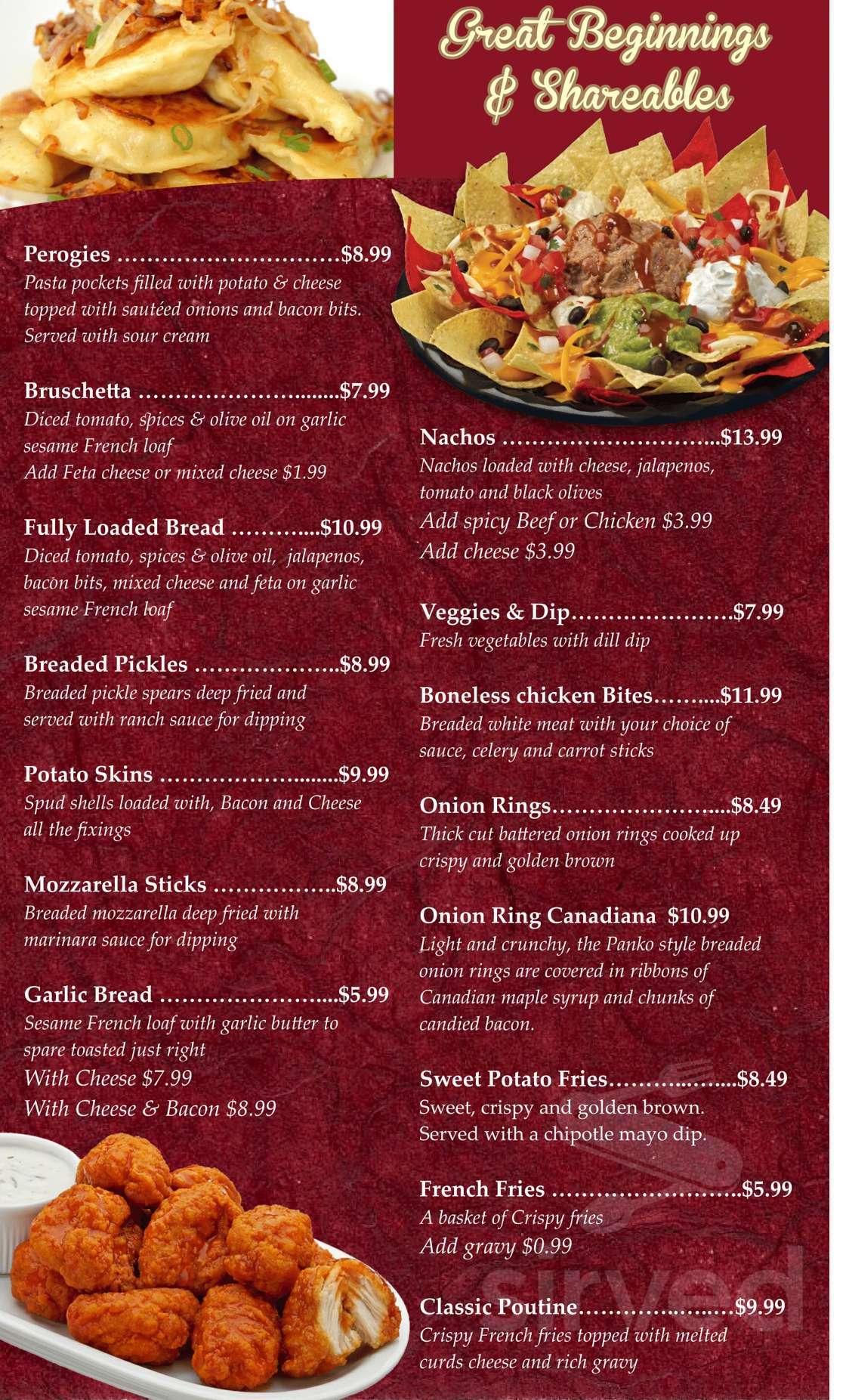 The Pearson Pub menu in Whitby, Ontario, Canada