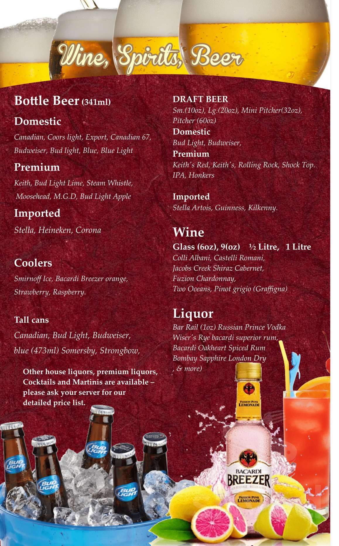 The Pearson Pub menu in Whitby, Ontario, Canada