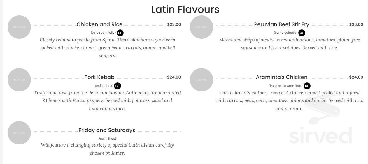 Menu - Courtenay BC's Javier's Latin Cuisine Restaurant | Sirved