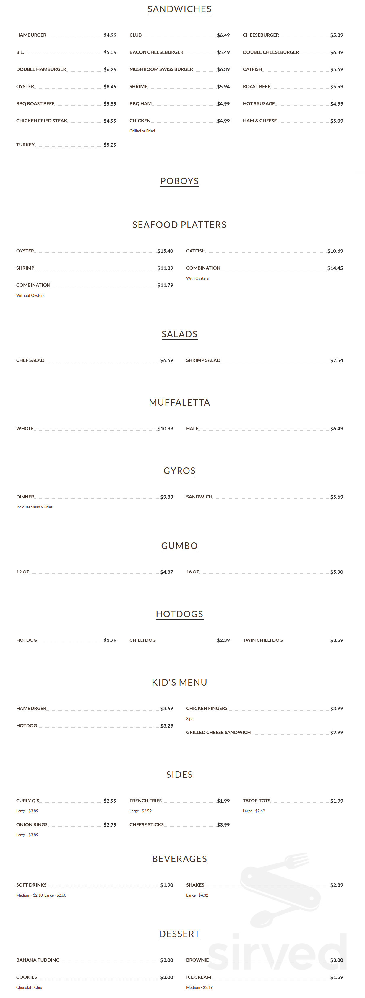 Menu for Original New Orleans Poboy and Seafood in Denham Springs, LA ...