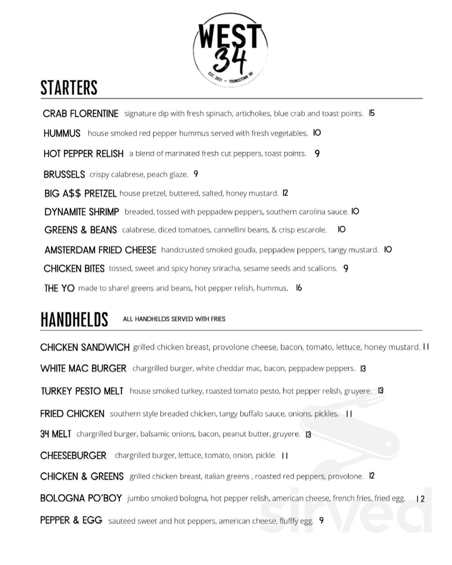 WEST 34 menu in Youngstown, Ohio, USA