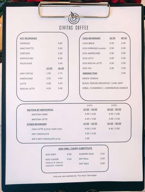 Civitas Coffee menu in La Mirada, California, USA
