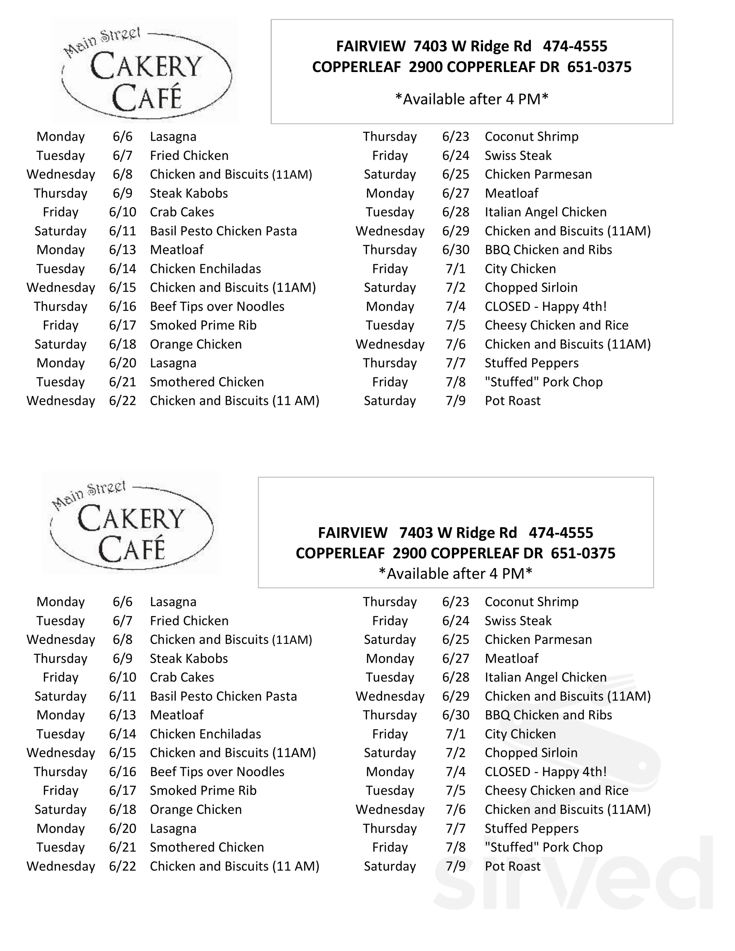 Cakery Cafe at Copperleaf menu in Erie, Pennsylvania, USA