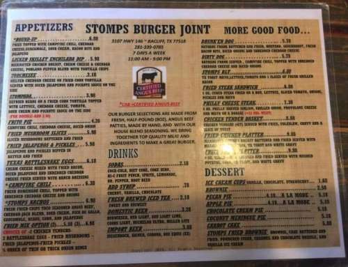 Stomp's Burger Joint menu in Bacliff, Texas, USA