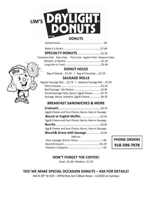 Daylight Donuts menu in Tulsa, Oklahoma, USA