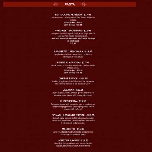 Ciao italian restaurant menu in Myrtle Beach, South Carolina, USA