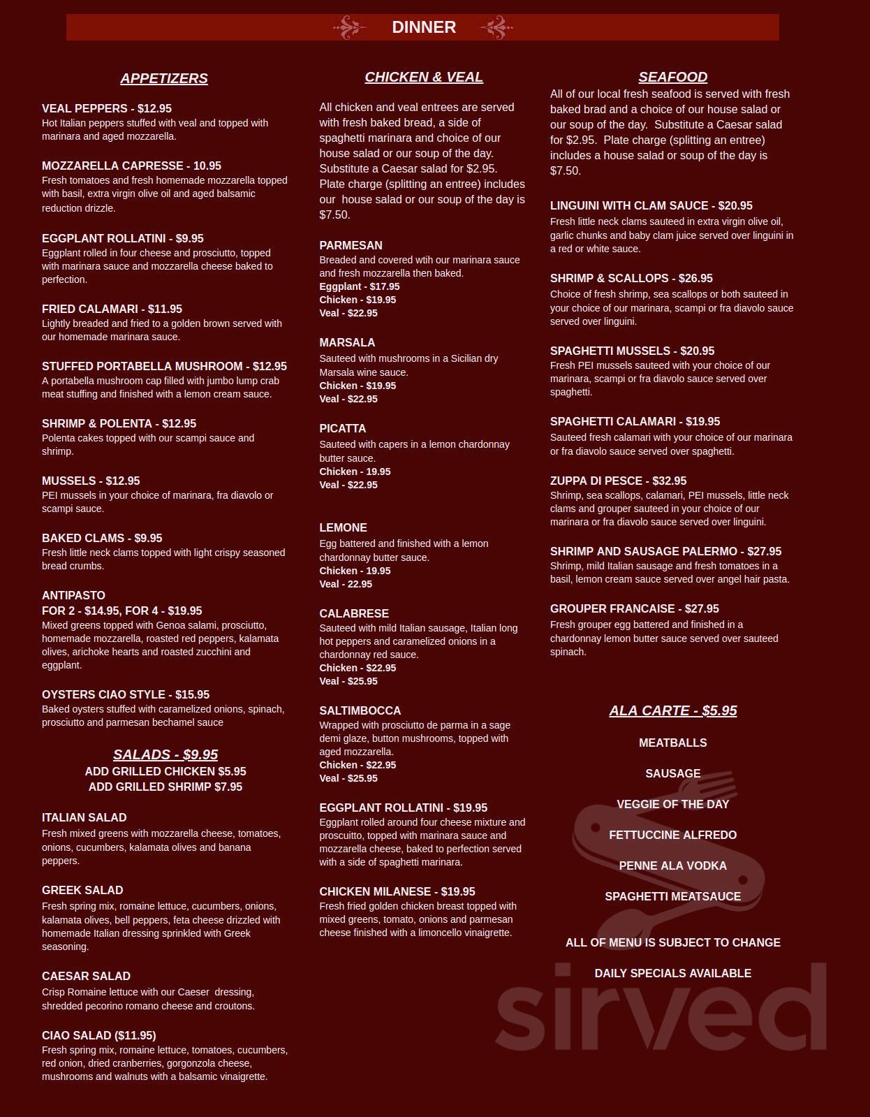 Ciao italian restaurant menus in Myrtle Beach, South Carolina, United ...