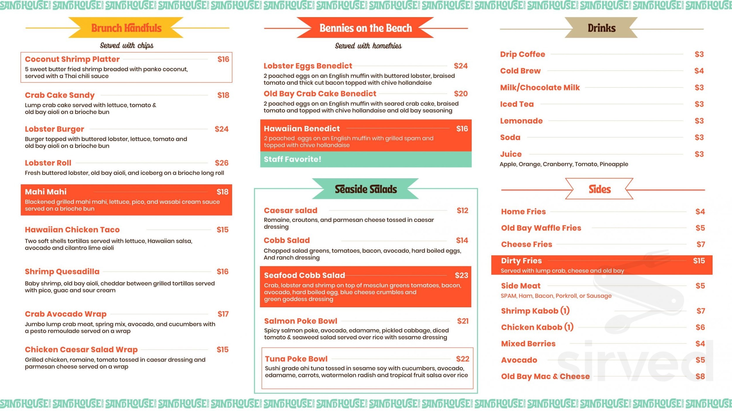 Menu - Ocean City NJ's Sand House Kitchen | Sirved
