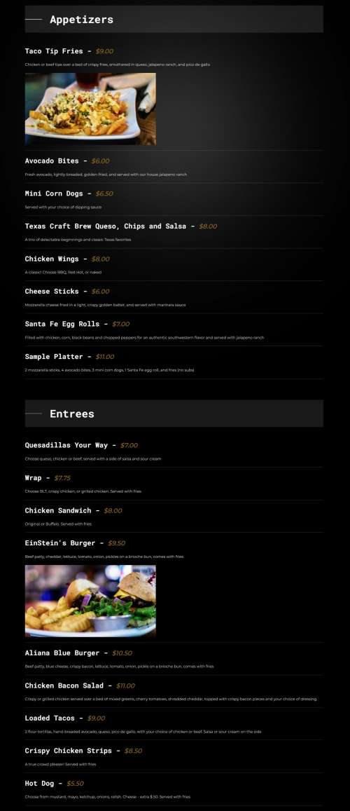 EinStein's Pub & Arcade menu in Richmond, Texas, USA