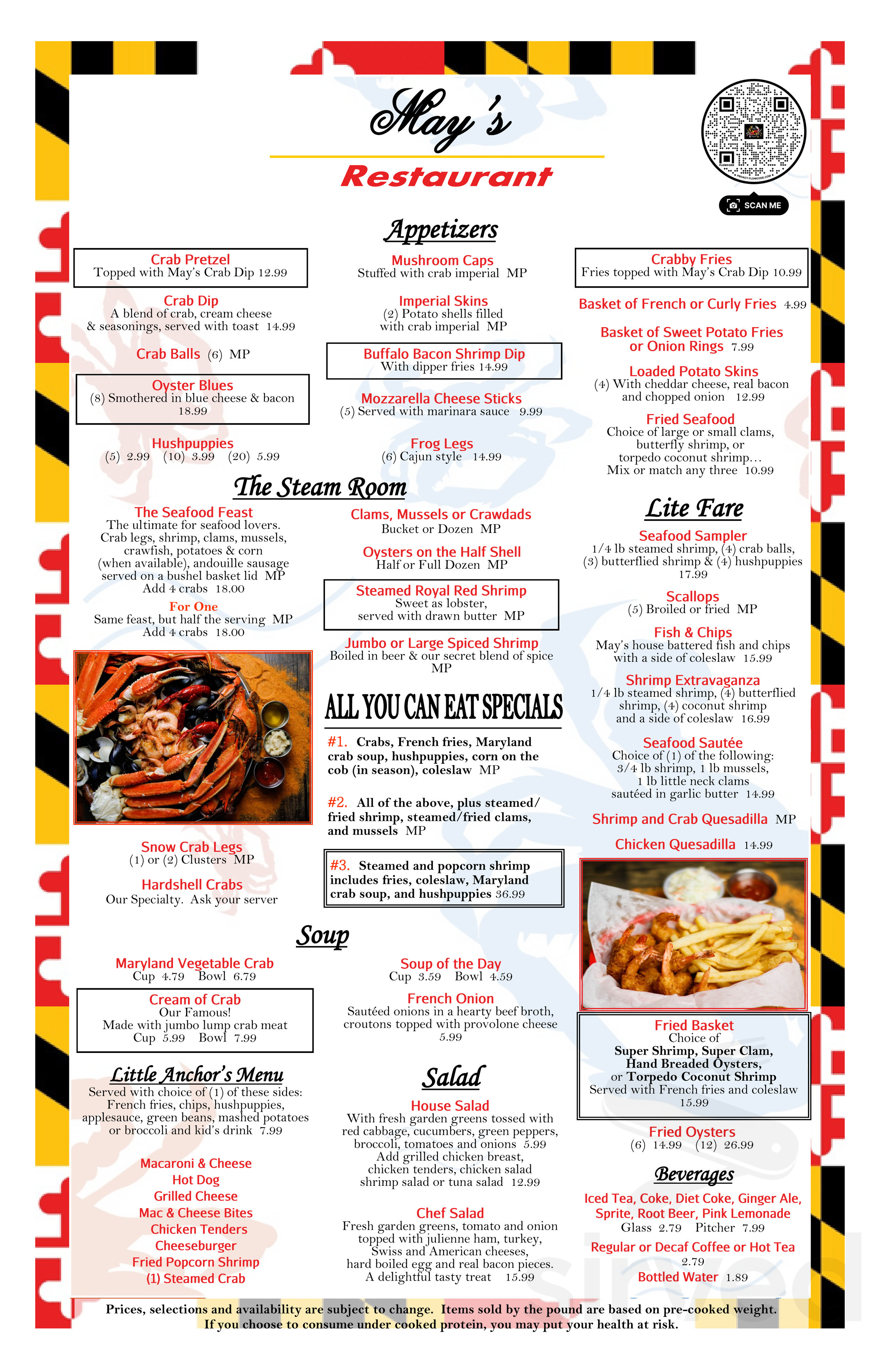 May's Seafood Restaurant menu in Frederick, Maryland, USA