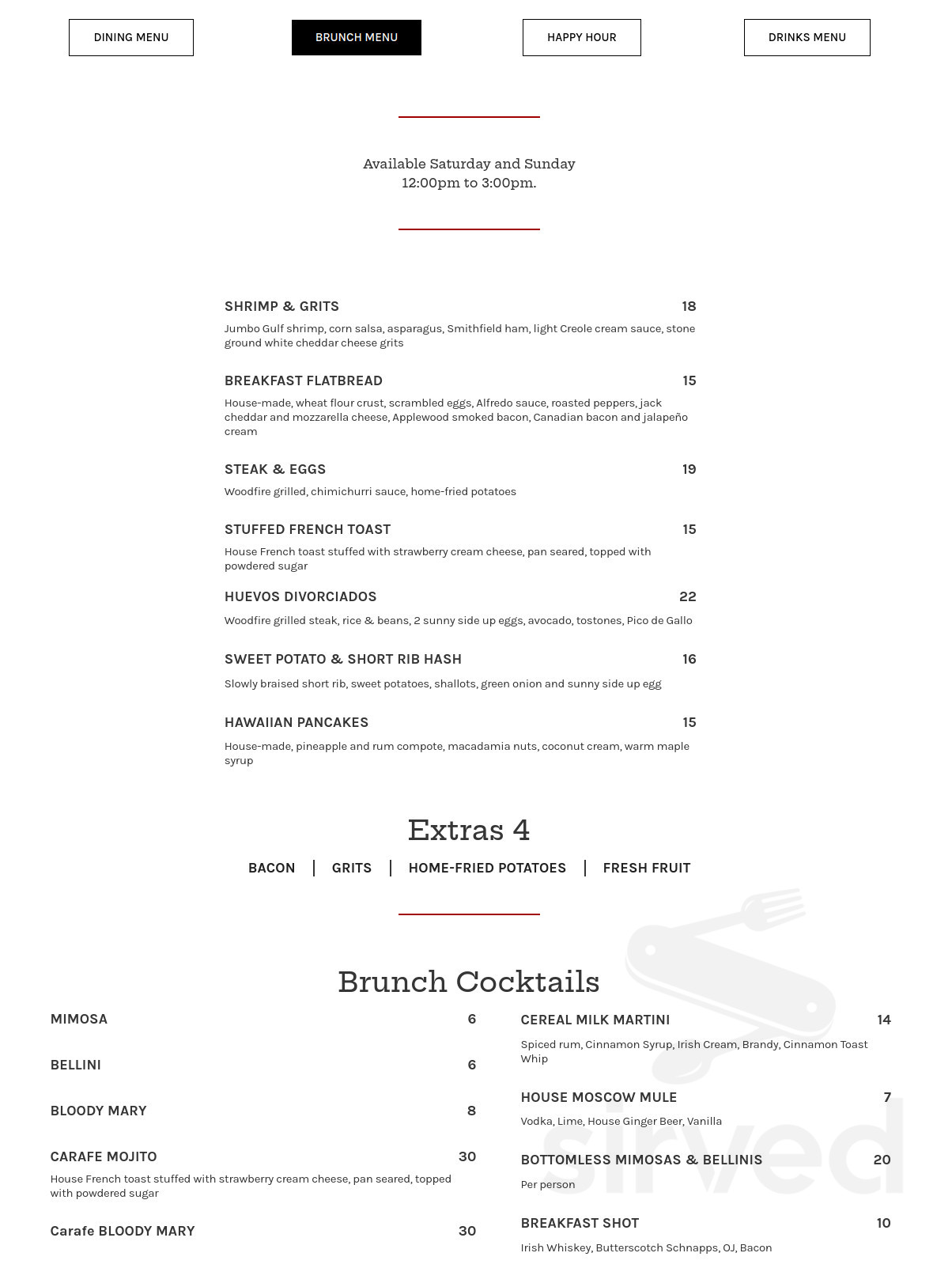 Brimstone Woodfire Grill menu in Doral, Florida, USA