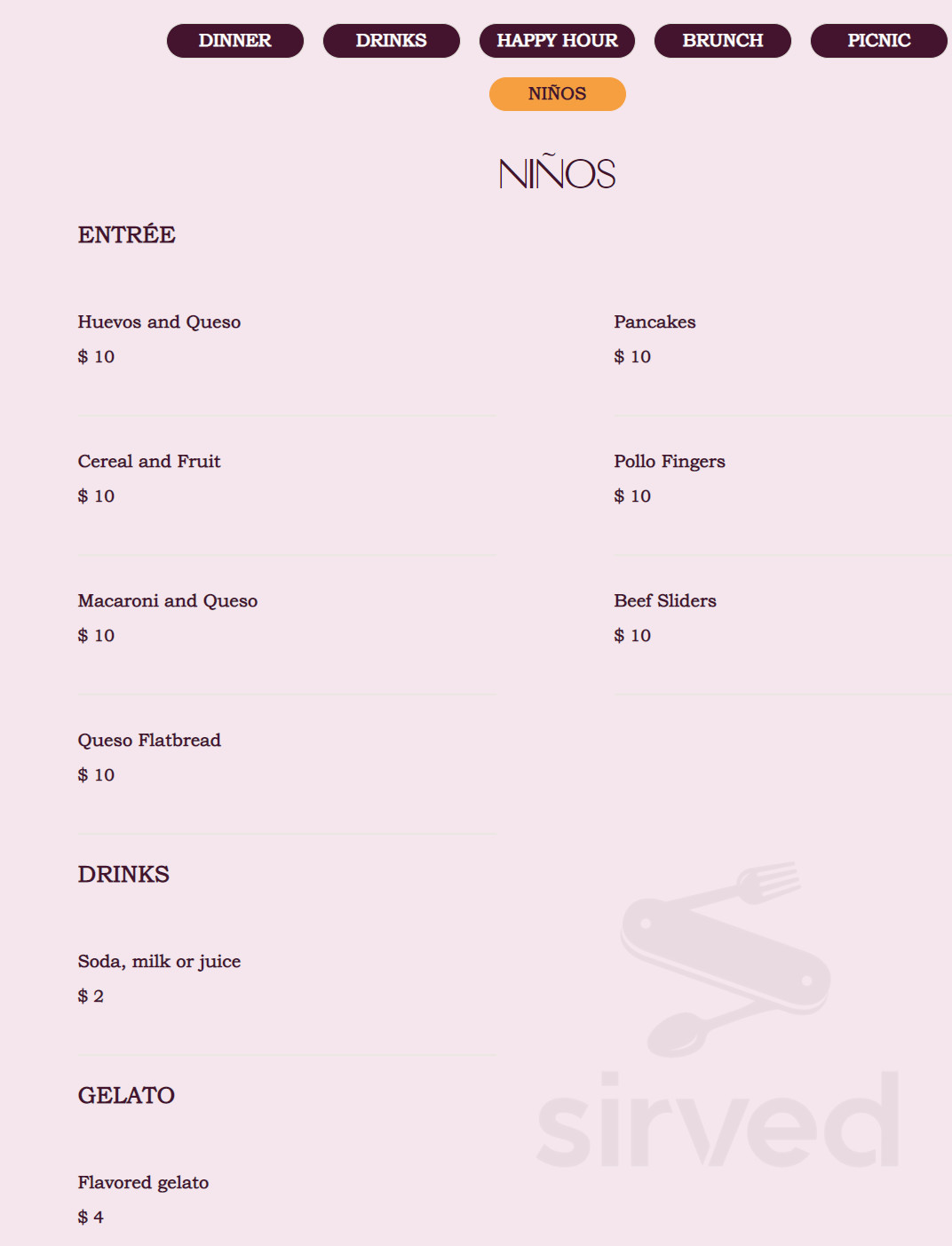 Ysidora Restaurant and Lounge menu in San Juan Capistrano, California, USA