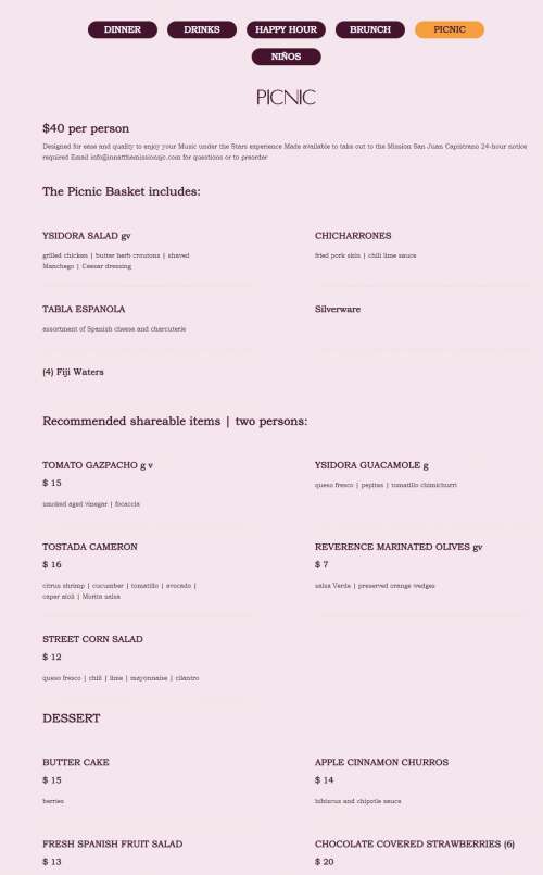 Ysidora Restaurant and Lounge menu in San Juan Capistrano, California, USA