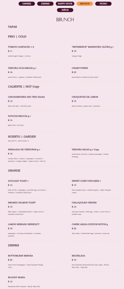 Ysidora Restaurant and Lounge menu in San Juan Capistrano, California, USA