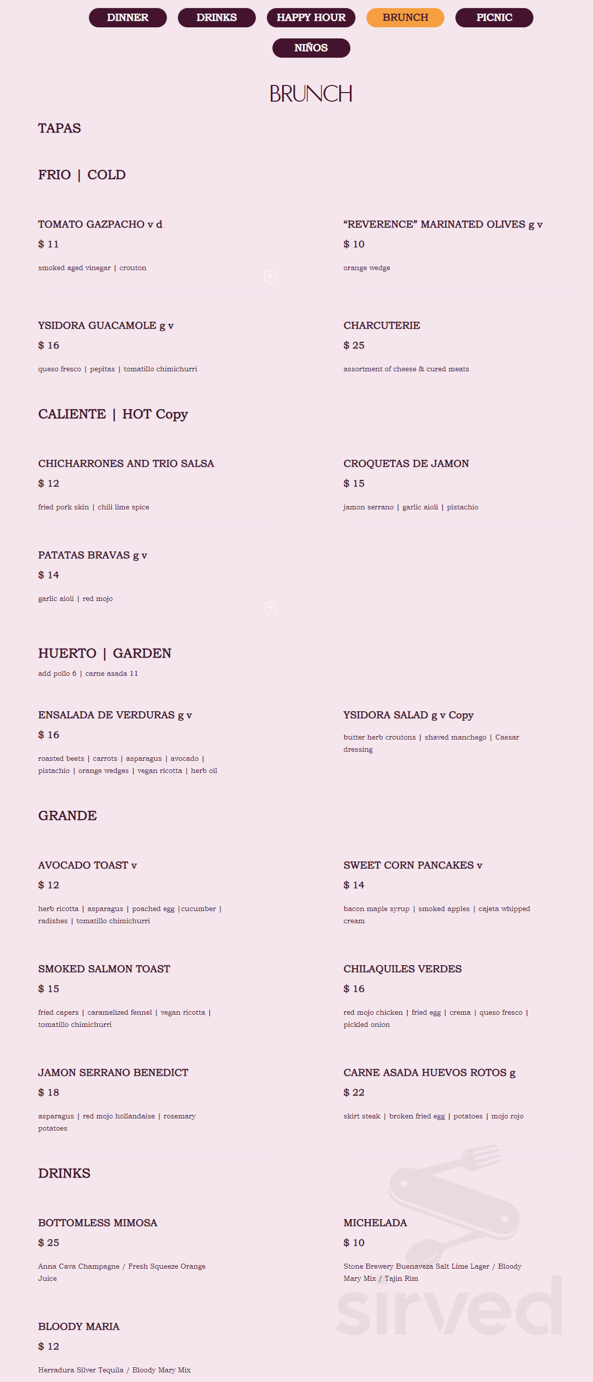 Ysidora Restaurant and Lounge menu in San Juan Capistrano, California, USA