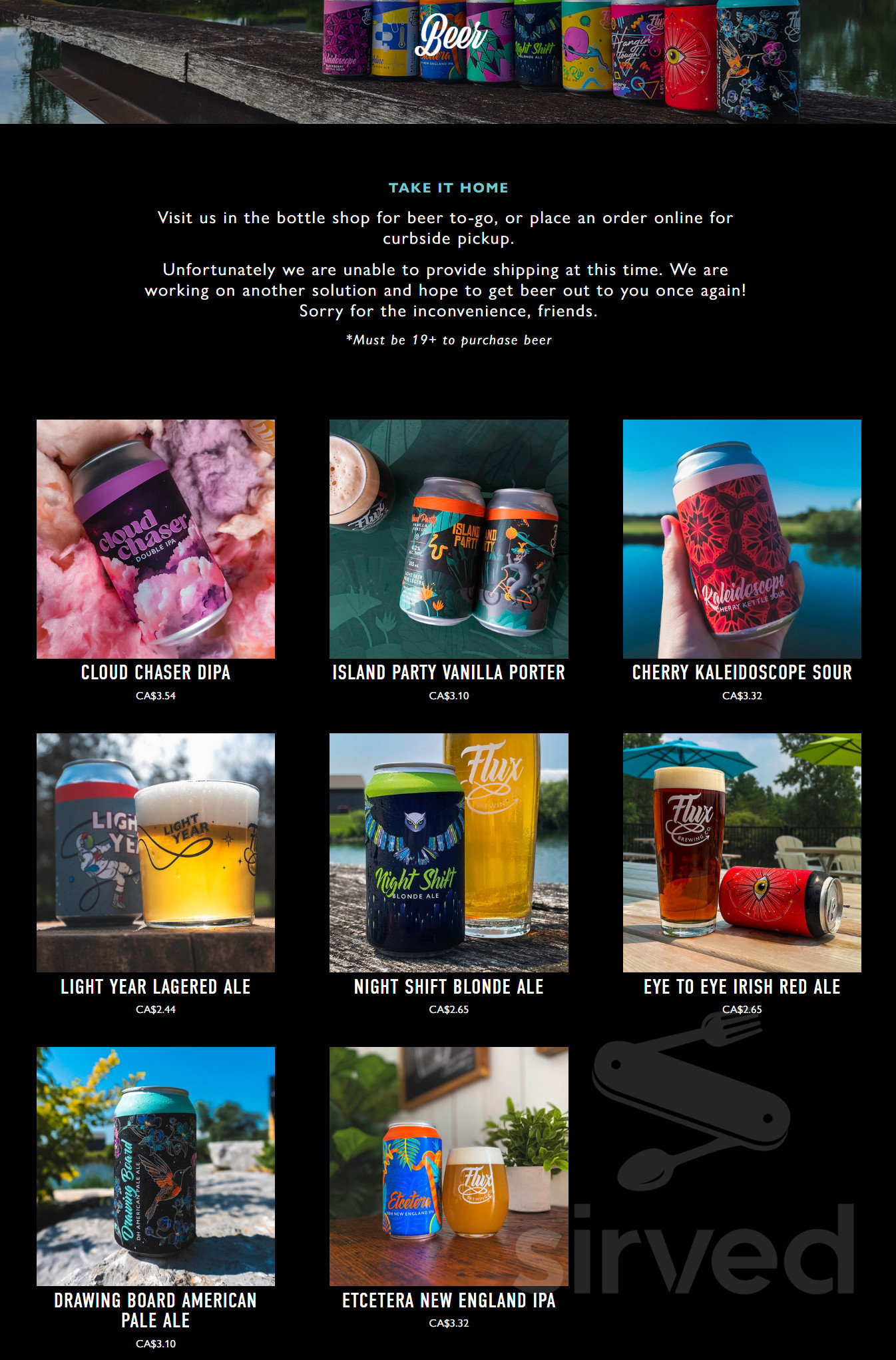Flux Brewing Company menu in Scotland, Ontario, Canada