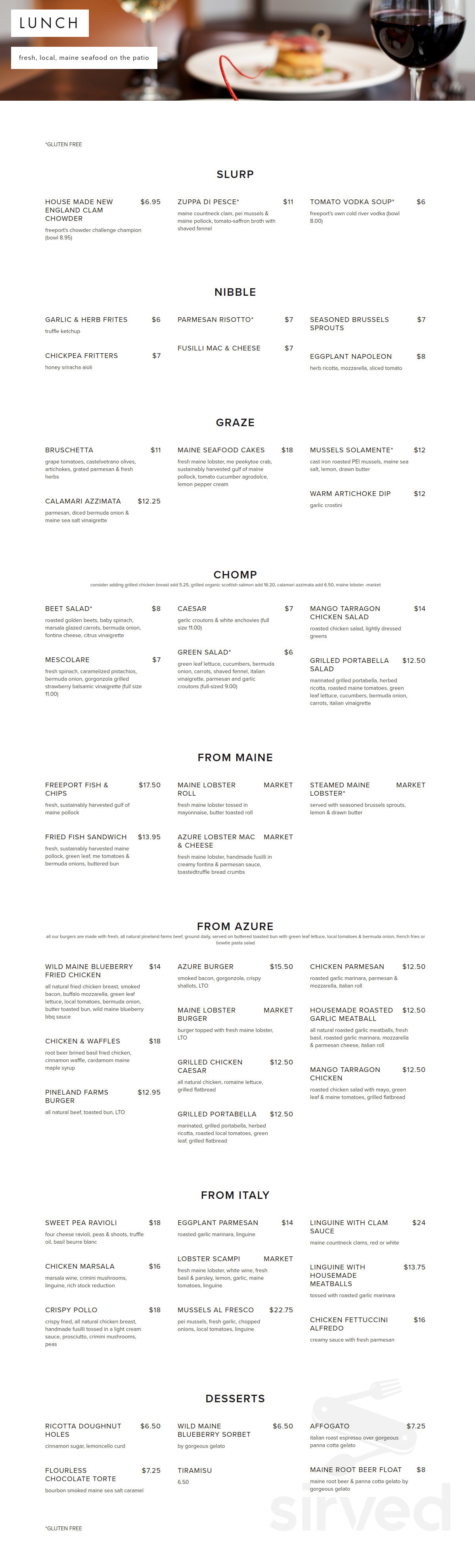 Menu for Azure Cafe in Freeport, ME | Sirved