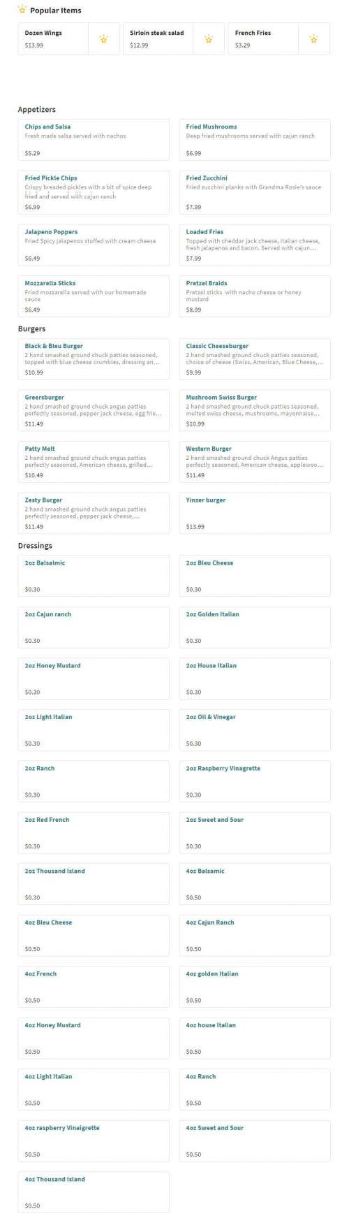 Greersburg Tavern menu in Darlington, Pennsylvania, USA