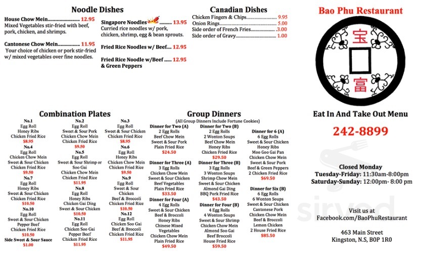 Menu - Kingston NS's Bao Phu Restaurant | Sirved