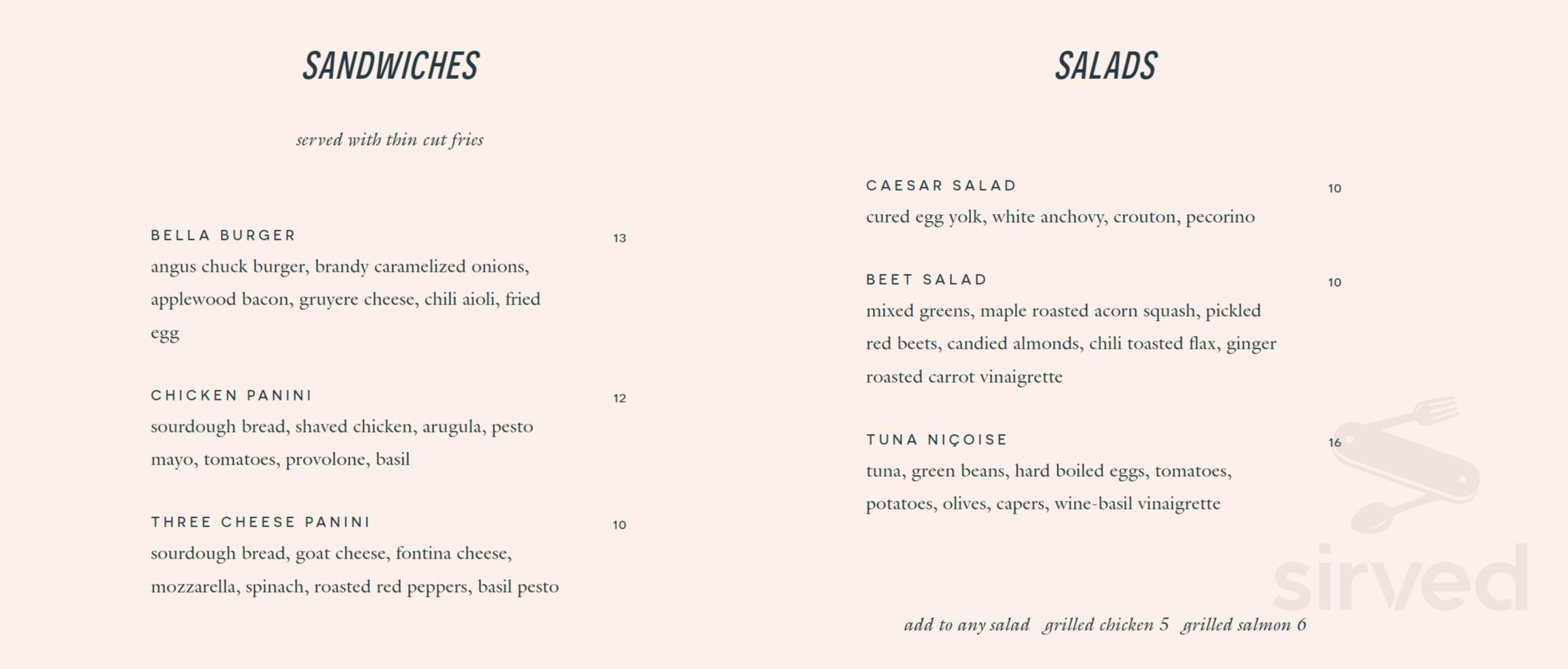 Bella menu in Maryville, Tennessee, USA