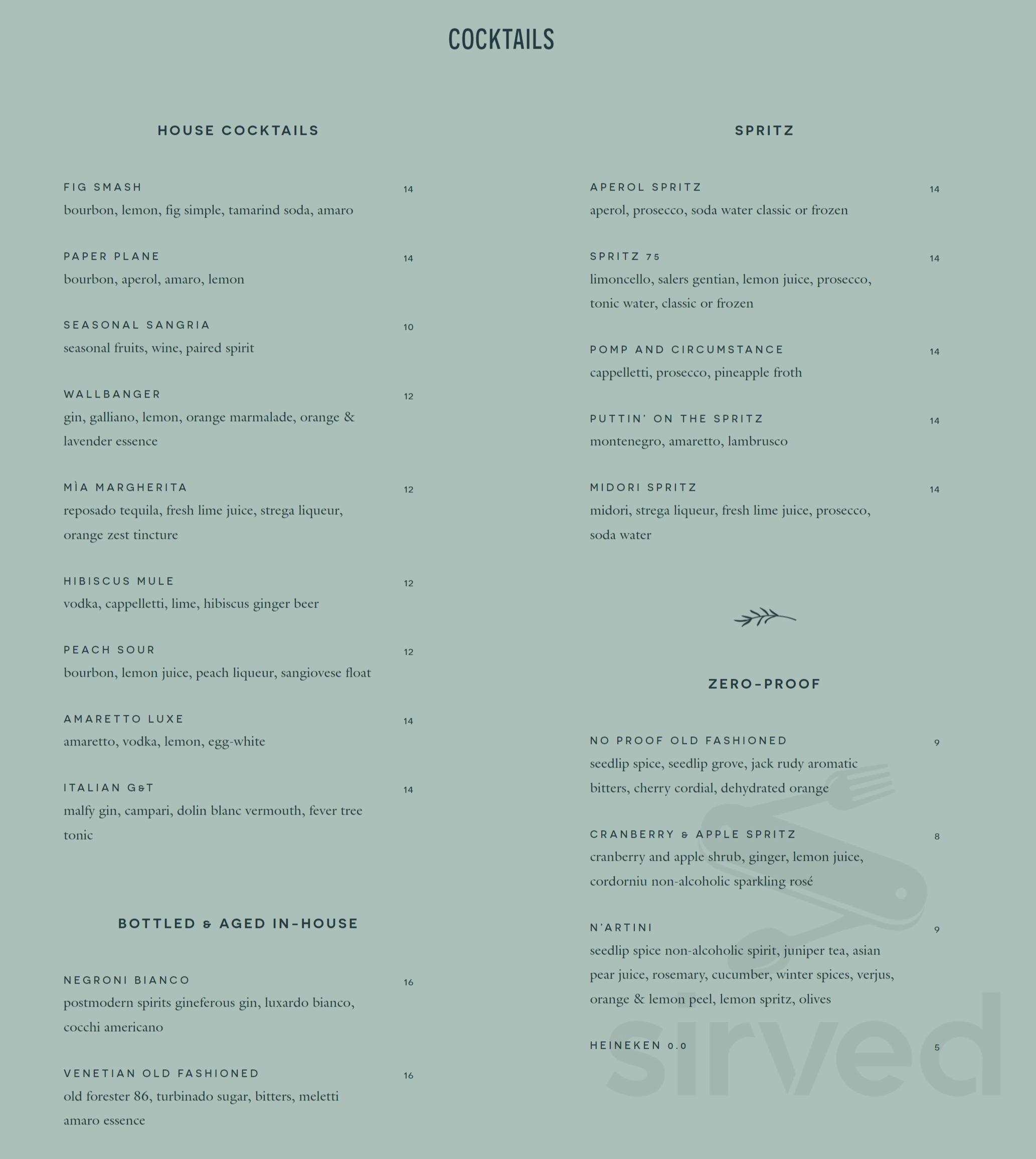 Bella menu in Maryville, Tennessee, USA