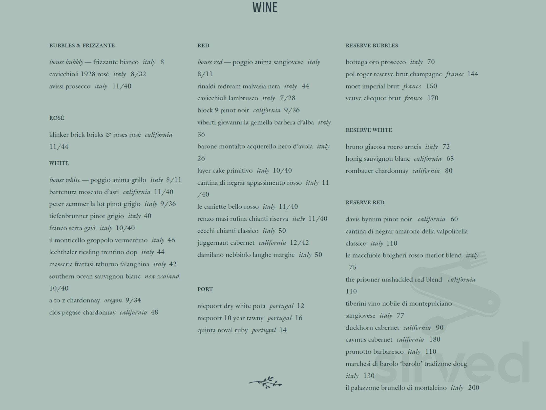 Bella menu in Maryville, Tennessee, USA