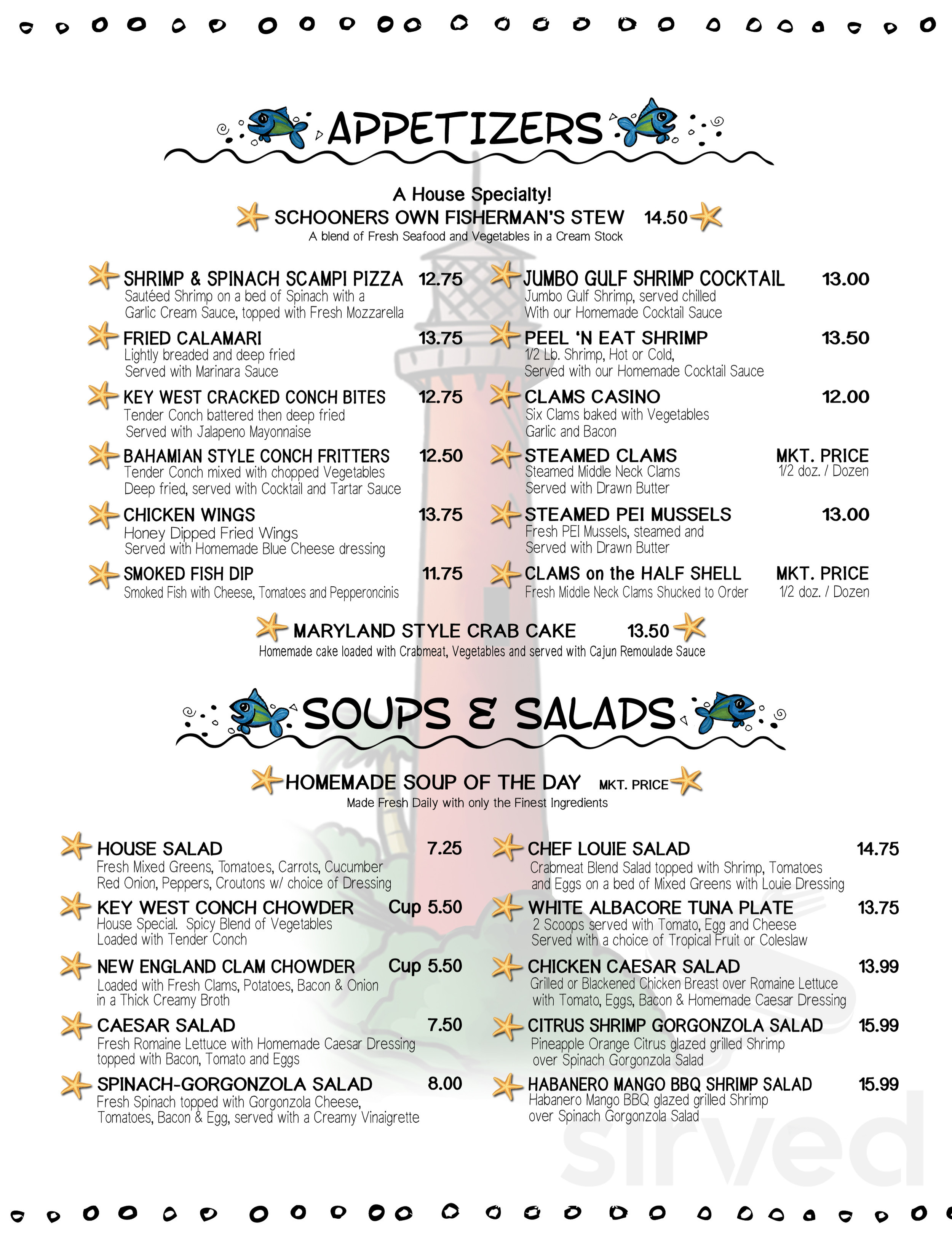 Schooners menu in Jupiter, Florida, USA