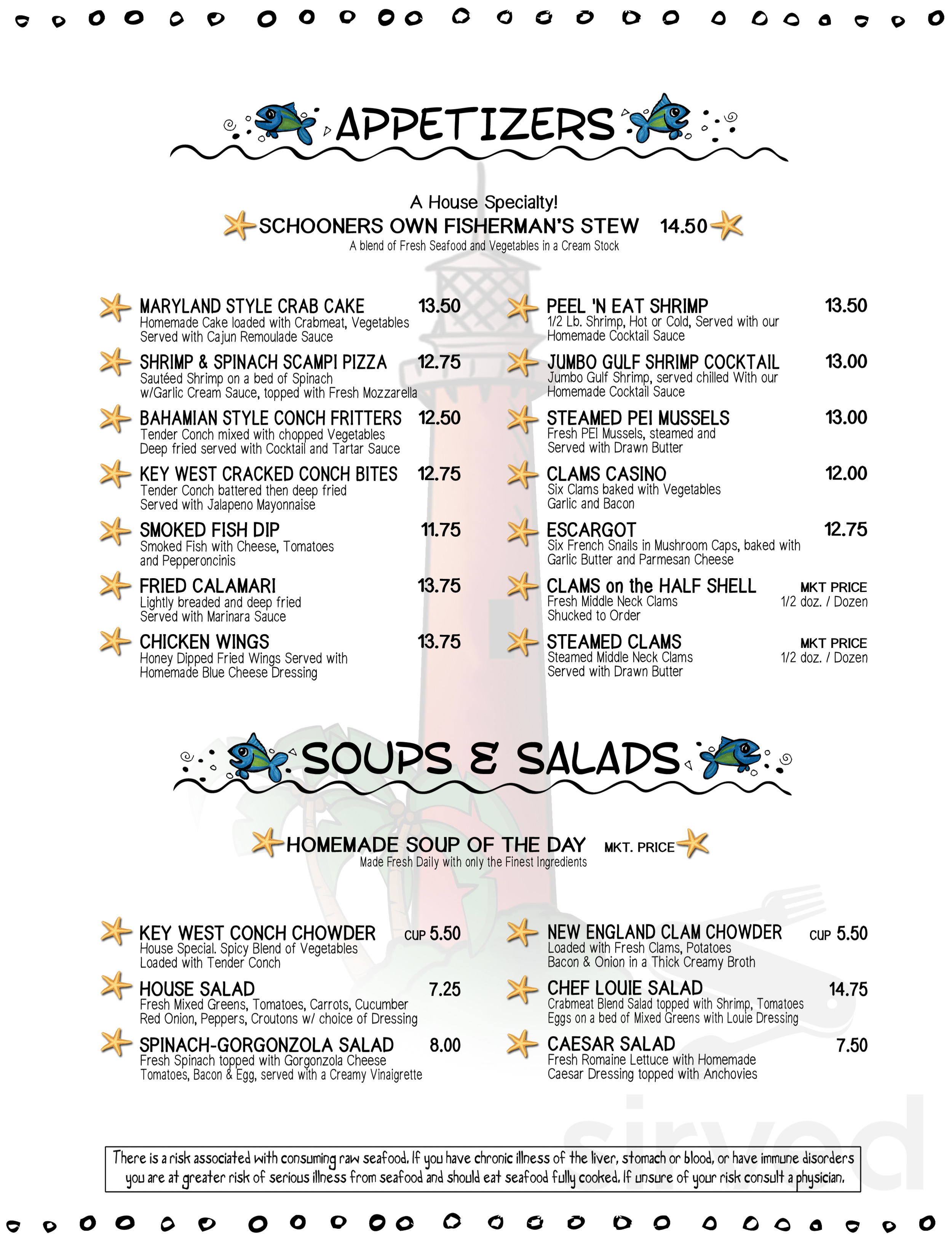 Schooners menu in Jupiter, Florida, USA