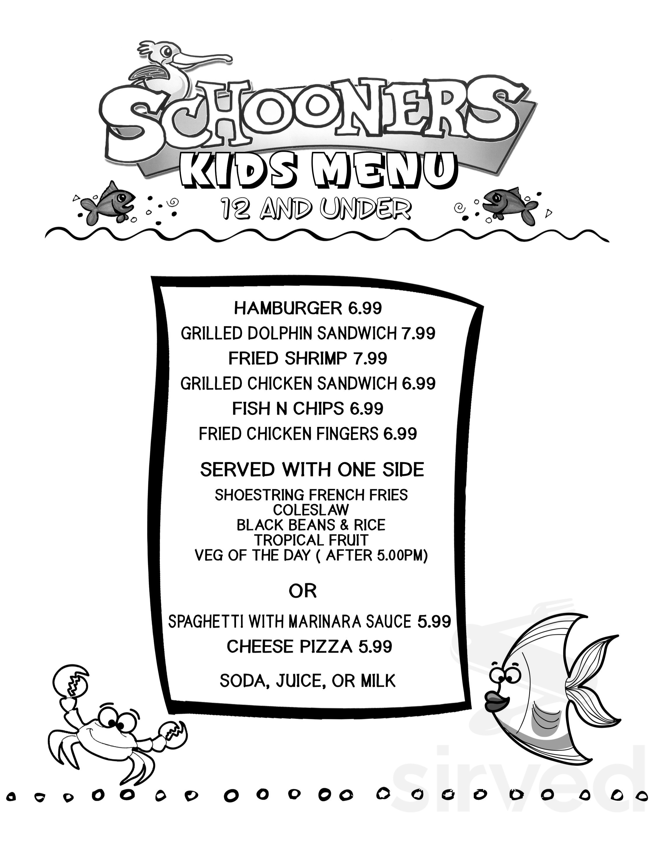 Schooners menu in Jupiter, Florida, USA