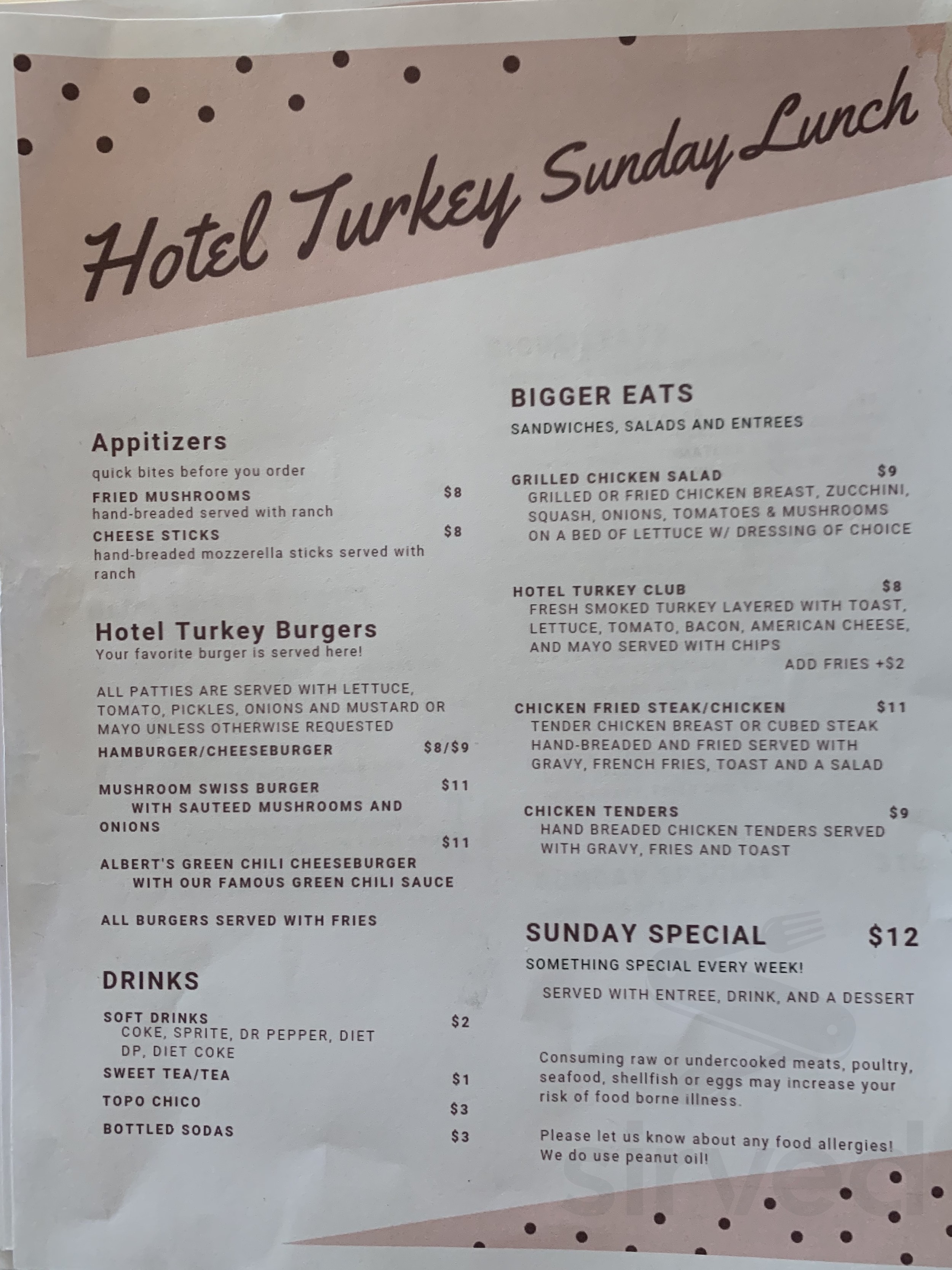 Hotel Turkey menu in Turkey, Texas, USA