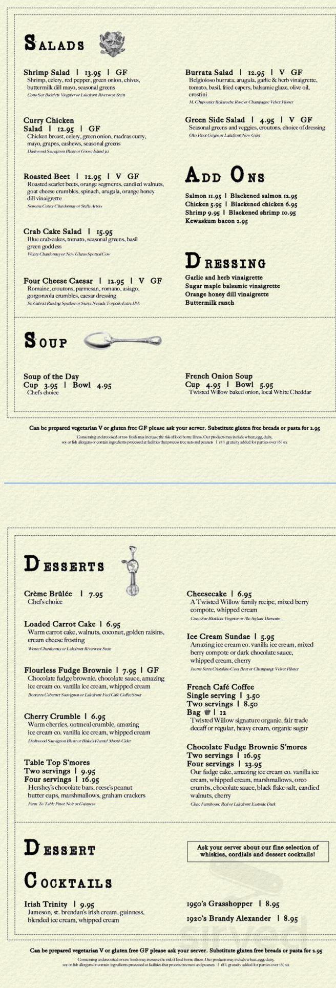 Twisted Willow Restaurant menu in Port Washington, Wisconsin, USA