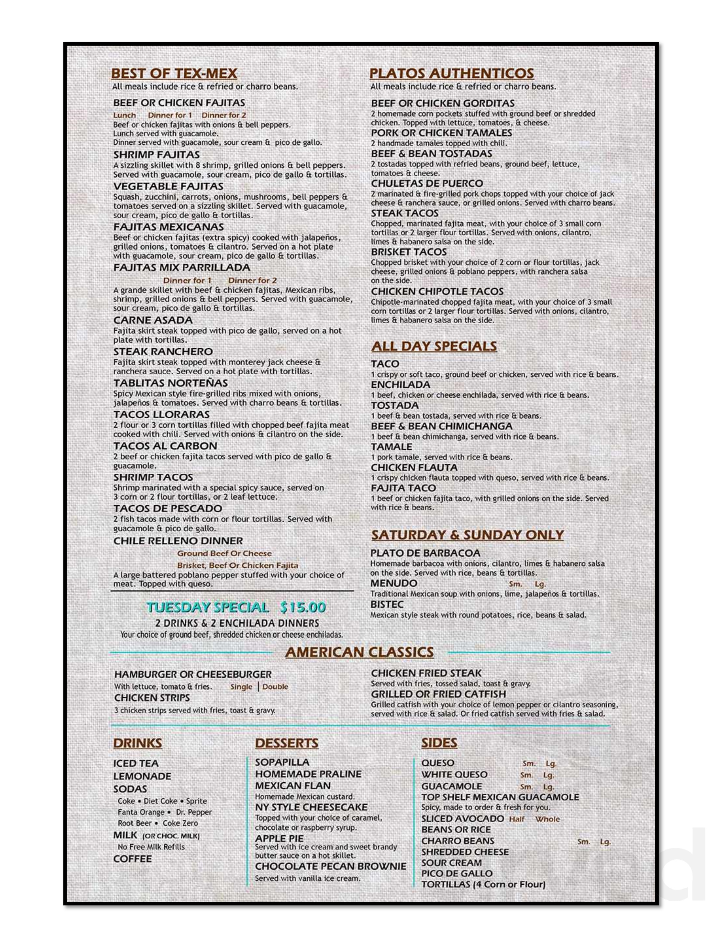 Menu - Graham TX's Dos Leones | Sirved