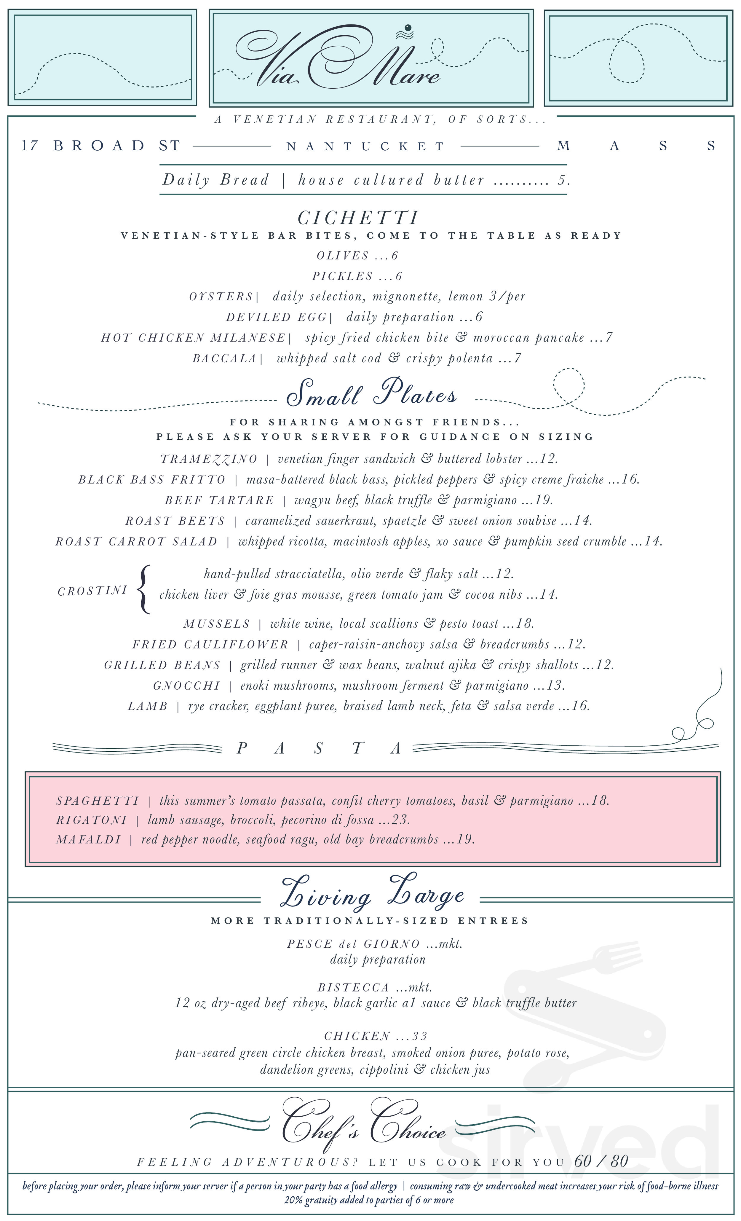 Menu for Via Mare in Nantucket, MA | Sirved