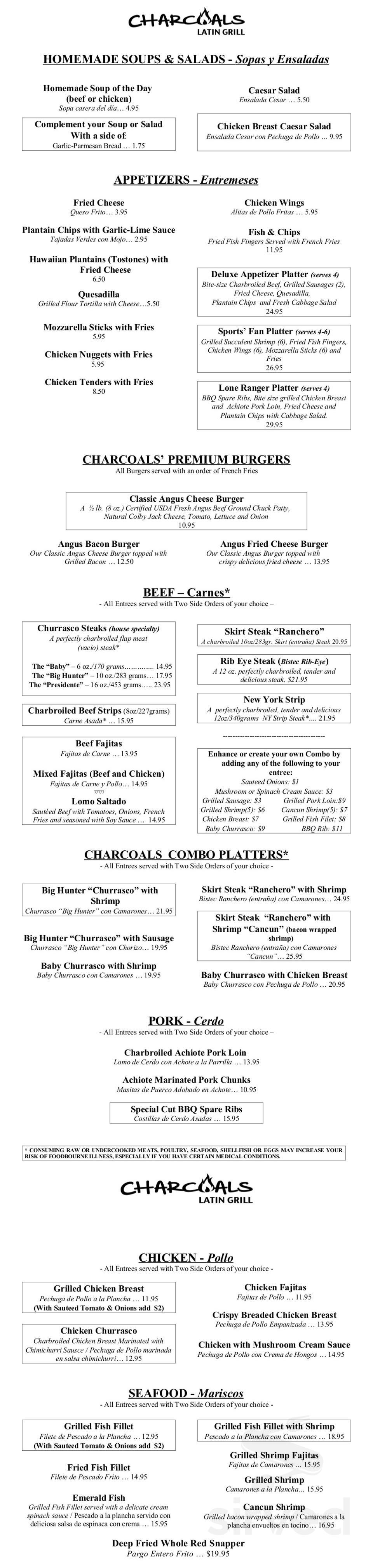 Menu - Miami FL's Charcoals Latin Grill | Sirved