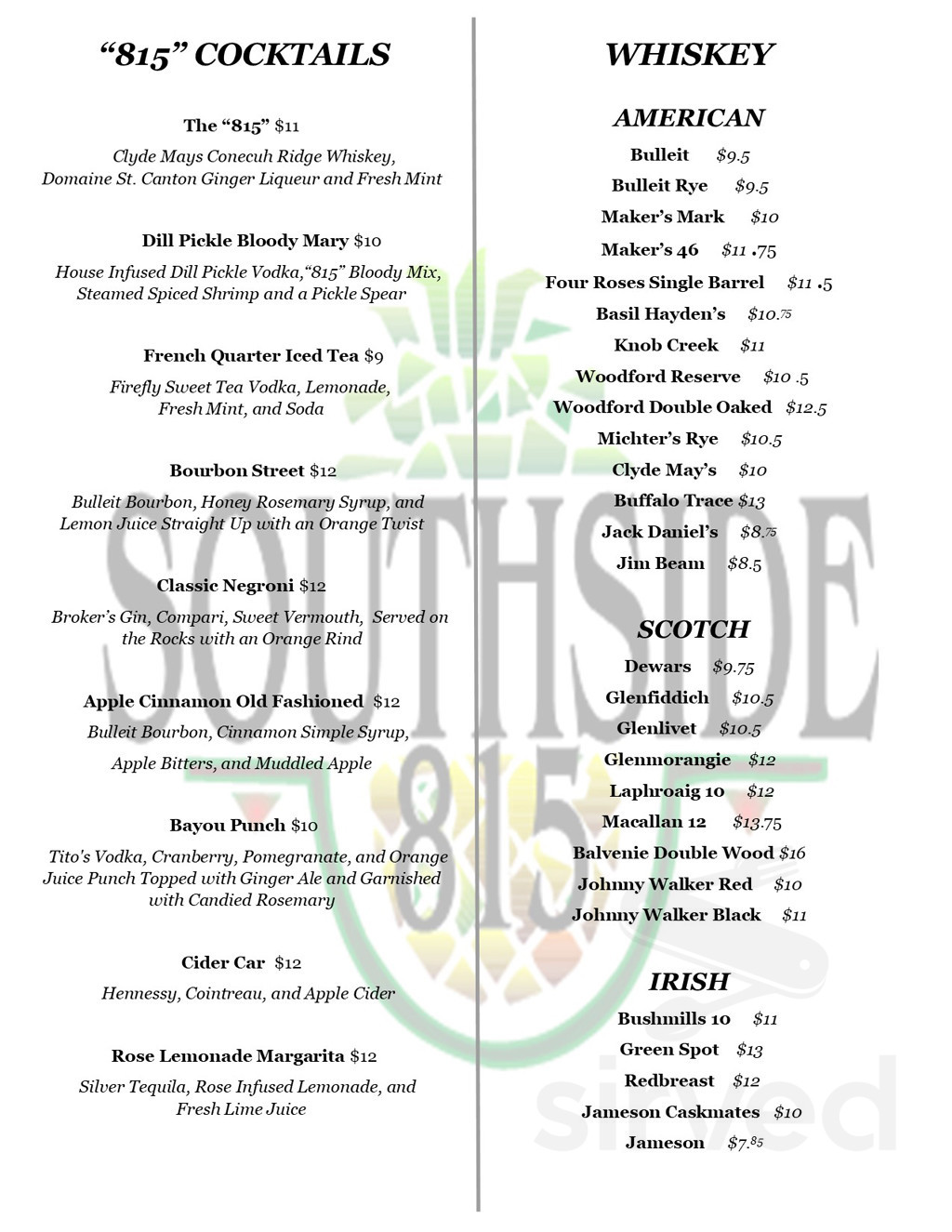Southside 815 menu in Alexandria, Virginia, USA