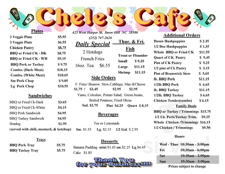 Chele's Cafe menu in Snow Hill, North Carolina, USA