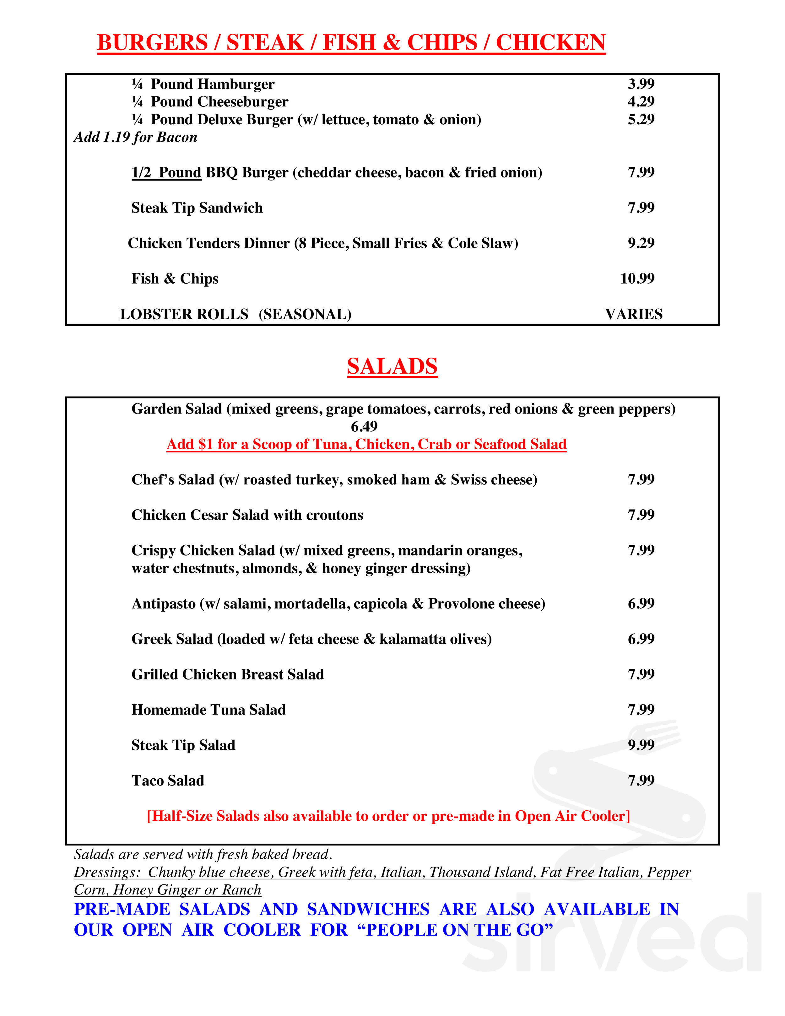 The Town Cabin Deli & Pub menu in Candia, New Hampshire, USA
