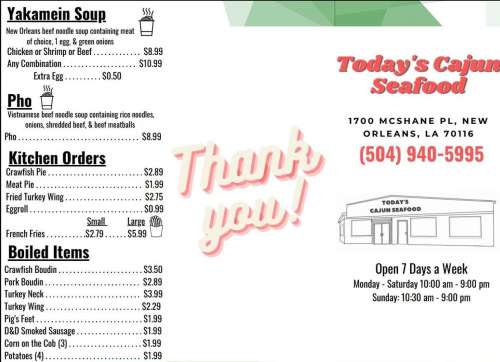 Today's Cajun Seafood menu in New Orleans, Louisiana, USA