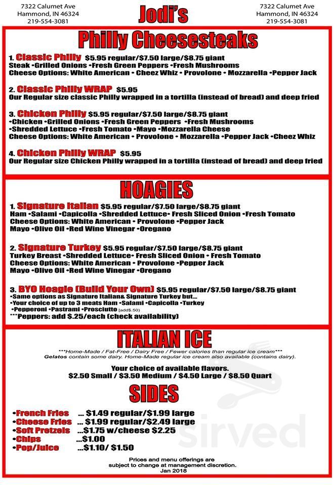 Menu for Jodi's Italian Ice Factory-Hammond in Hammond, IN | Sirved