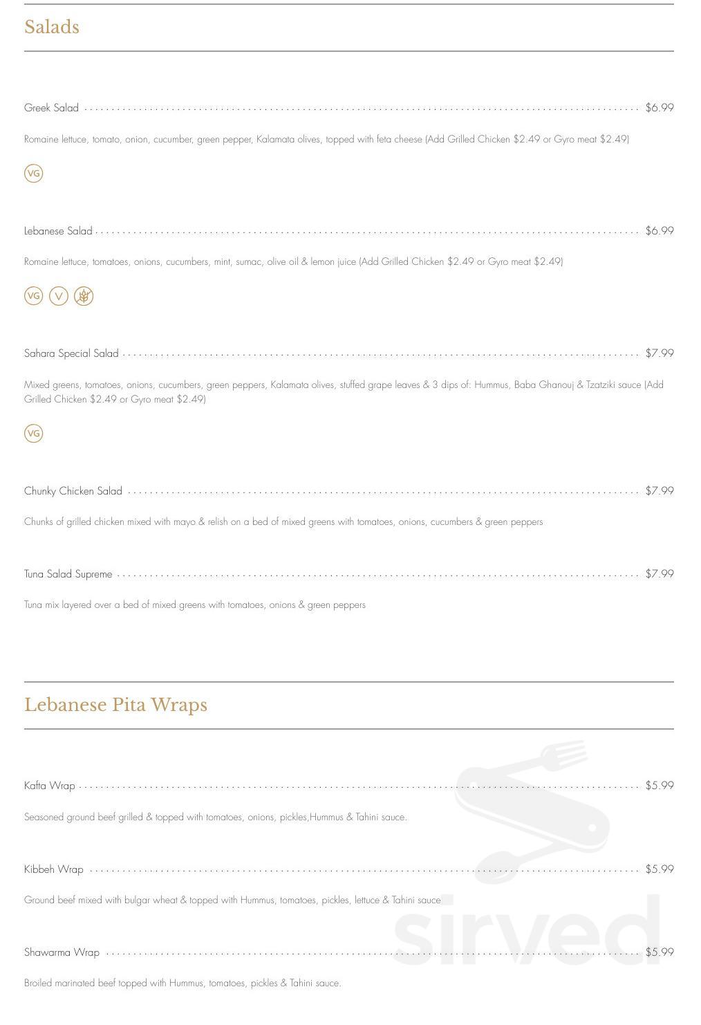 Sahara Cafe & Mediterranean Foods menu in Sarasota, Florida, USA