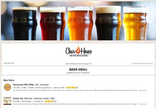 Char House on the Boulevard menu in Wheeling, West Virginia, USA