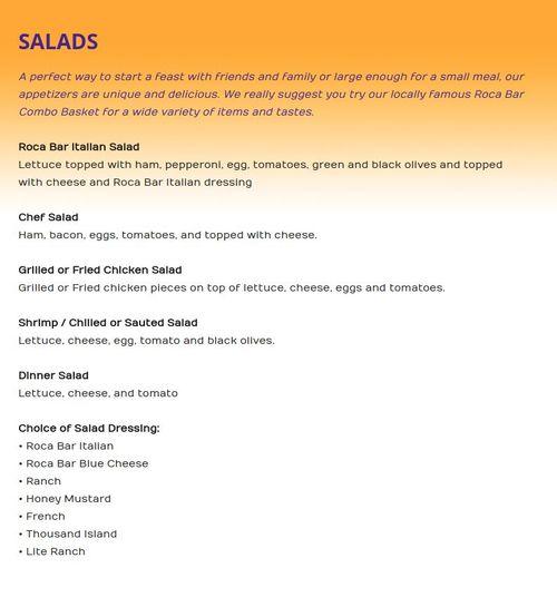 Roca Bar menu in Evansville, Indiana, USA