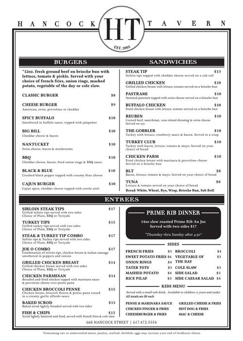 Hancock Tavern menu in Quincy, Massachusetts, USA