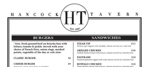 Menu for Hancock Tavern in Quincy, MA | Sirved
