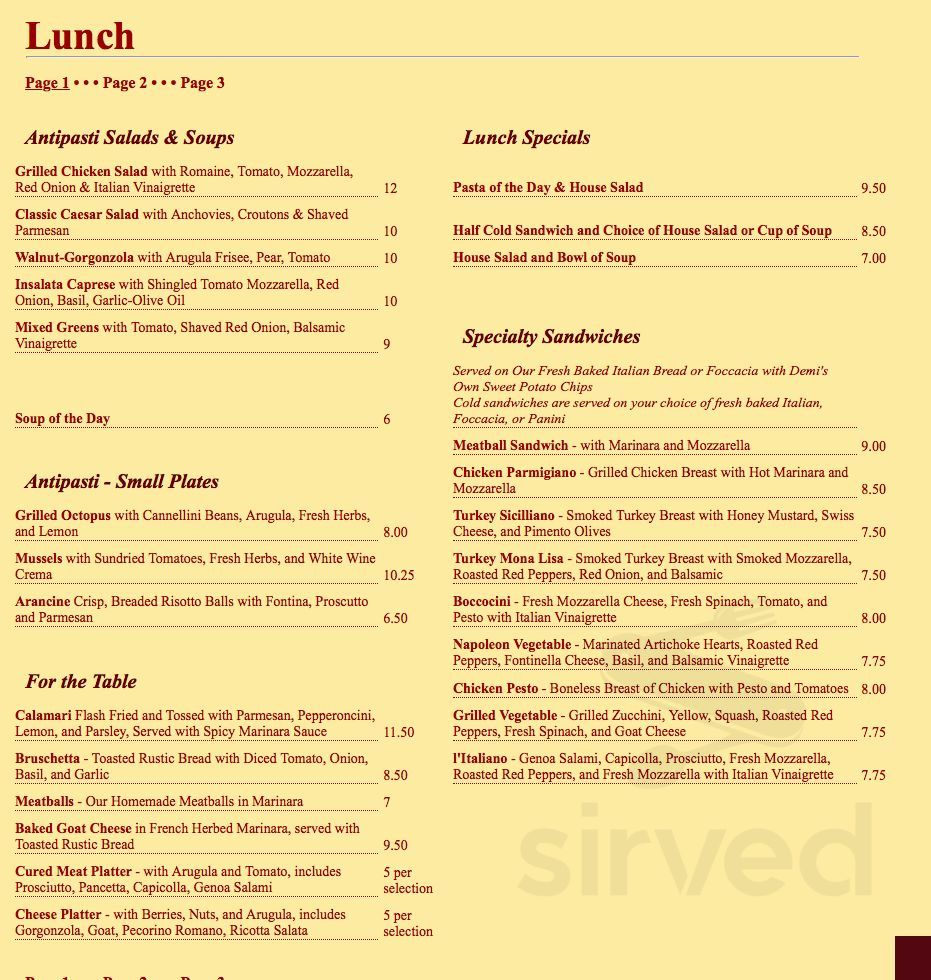 Trattoria Demi menu in Evanston, Illinois, USA