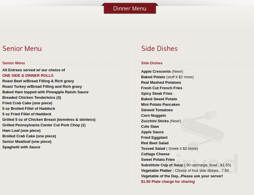 Silver Spring Family Restaurant menu in Lancaster, Pennsylvania, USA