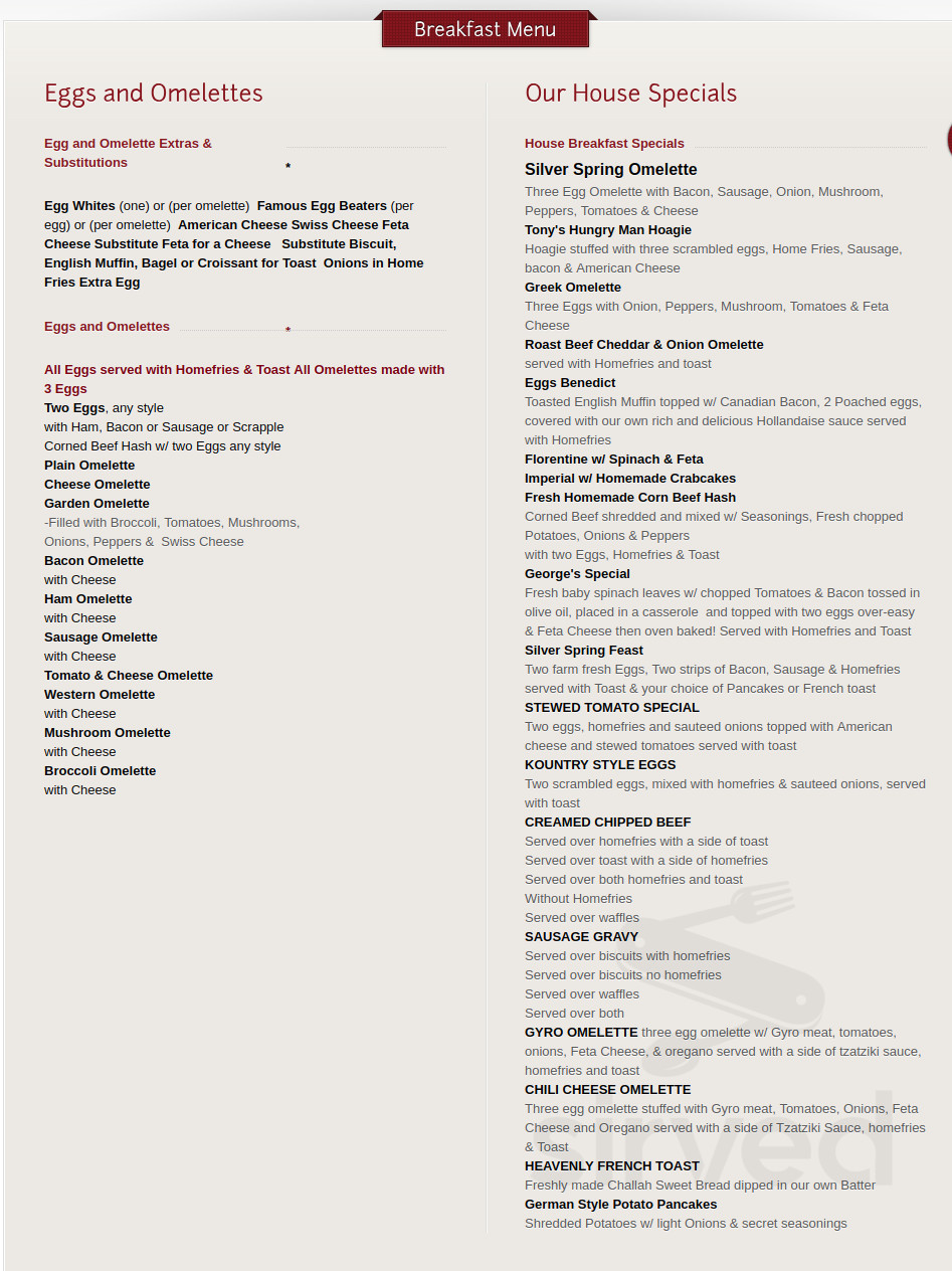 Silver Spring Family Restaurant menu in Lancaster, Pennsylvania, USA