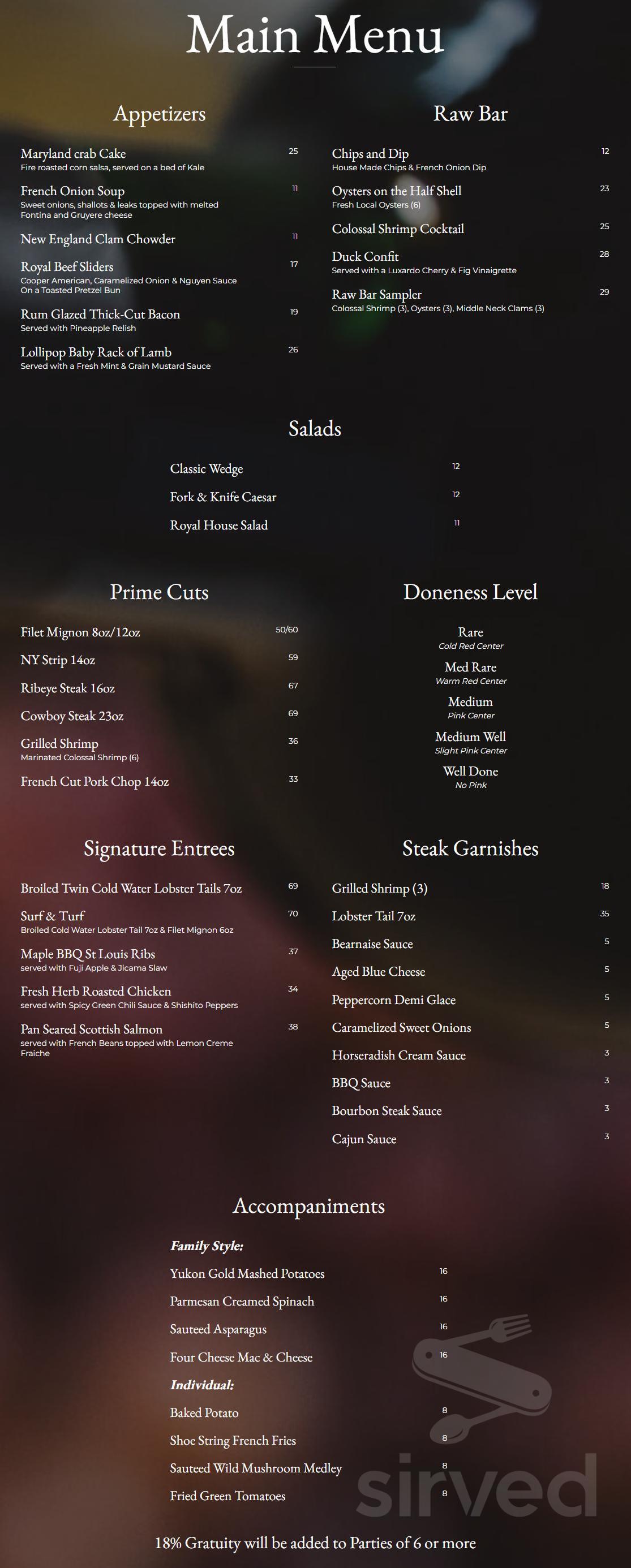 Menu - Dover DE's Royal Prime Steakhouse | Sirved