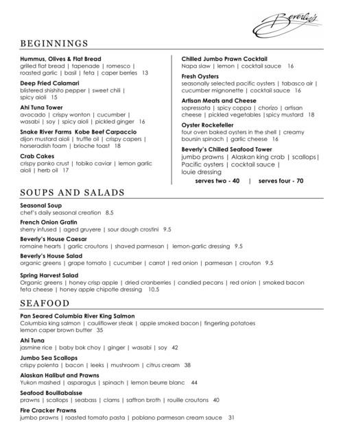 Beverly's menu in Coeur d'Alene, Idaho, USA